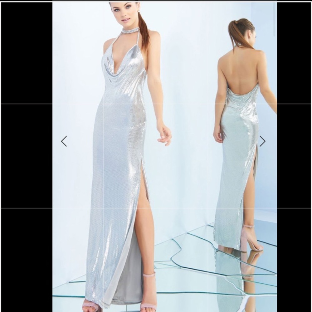 Mac Duggal Silver Metallic Gown Gem